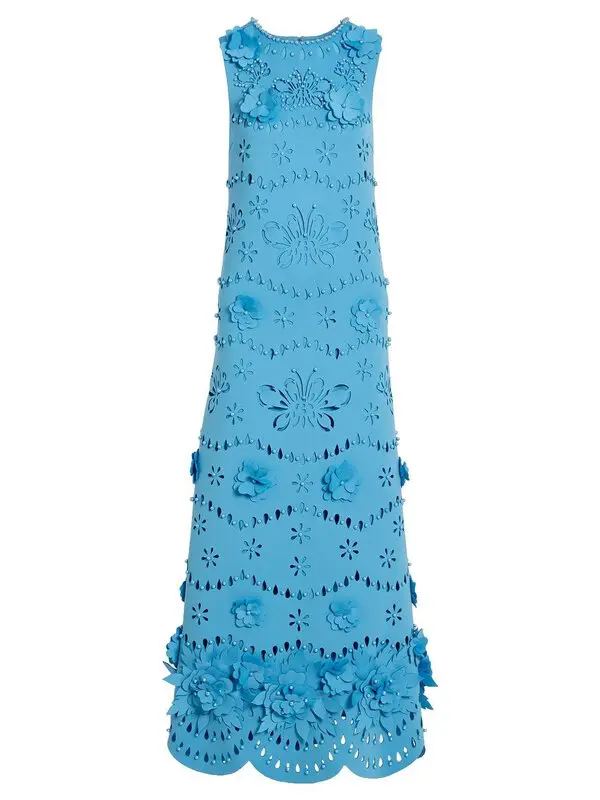 Badgley Mischka Floral Appliquéd Lasercut Scuba Gown - Azure