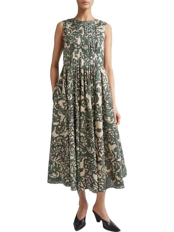 Max Mara Venice Print Pleated Cotton Voile Midi Dress - Kaki