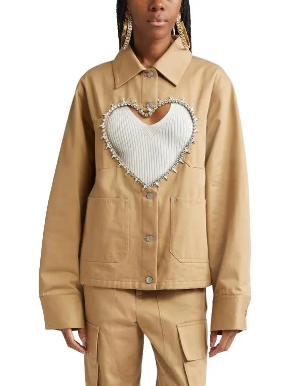 AREA Crystal Trim Heart Cutout Cargo Jacket - Tan