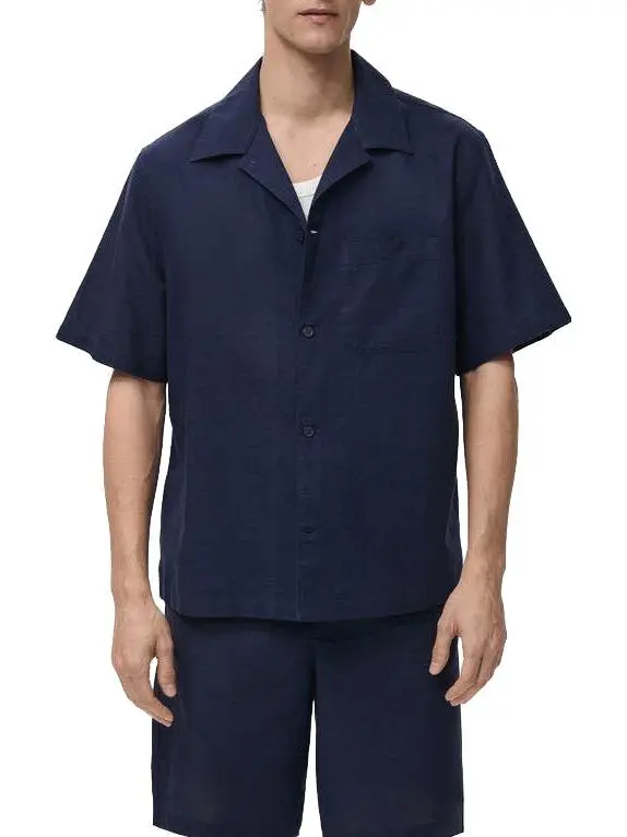 Mango Oversize Cotton & Linen Camp Shirt - Ink Blue