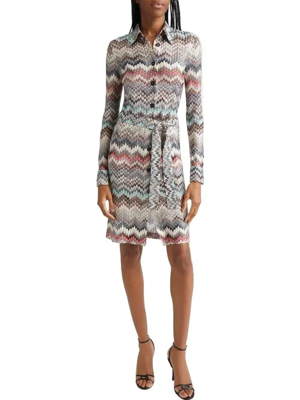 Missoni Zigzag Stripe Belted Knit Shirtdress - Multi Wht Blue Brown