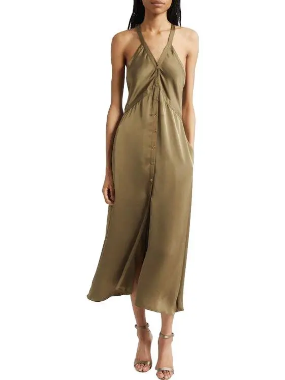 Ramy Brook Cynthia Racerback Satin Shirtdress - Olive Green