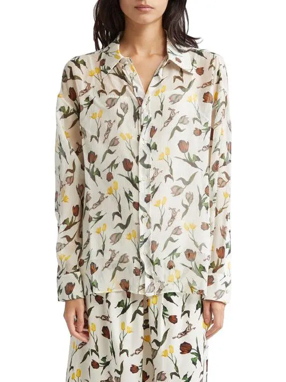 Marni Tulips & Hares Sheer Chiffon Button-up Shirt - Thw04 Limestone