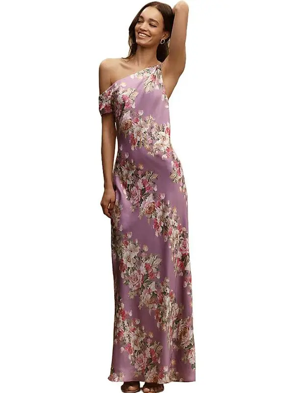 Bhldn Sienna Off-the-shoulder Satin Maxi Dress - Mulberry Cascading Blooms