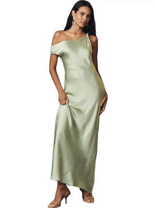 Bhldn Sienna Off-the-shoulder Satin Maxi Dress - Sage Green