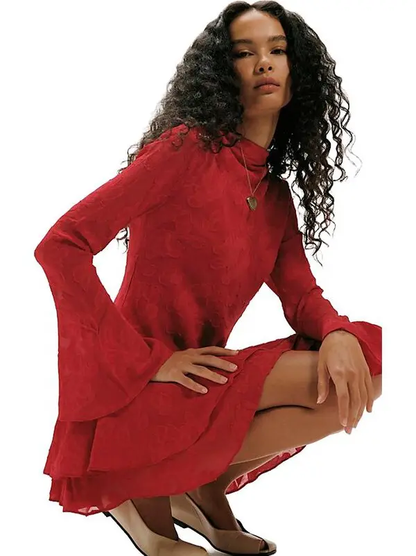Shona Joy Bowery Long Sleeve Ruffle Mini Dress - Cherry