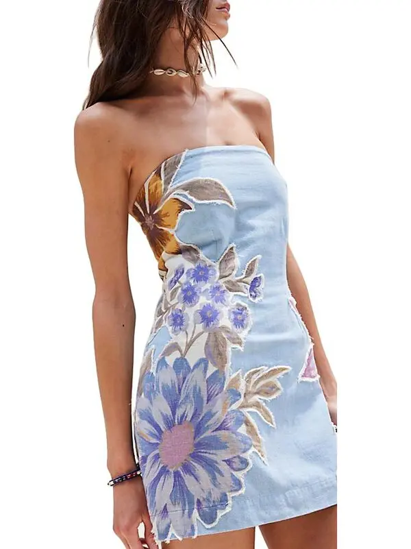 Free People Flower Patch Denim Mini Dress - Blue Sky