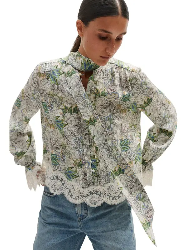 ME+EM Paisley Print Silk Blouse With Tie - Cream/green/multi