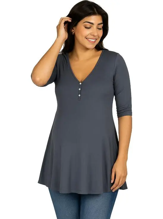 24SEVEN COMFORT APPAREL Maternity Elbow Sleeve Tunic Top With Button Detail - Charcoal