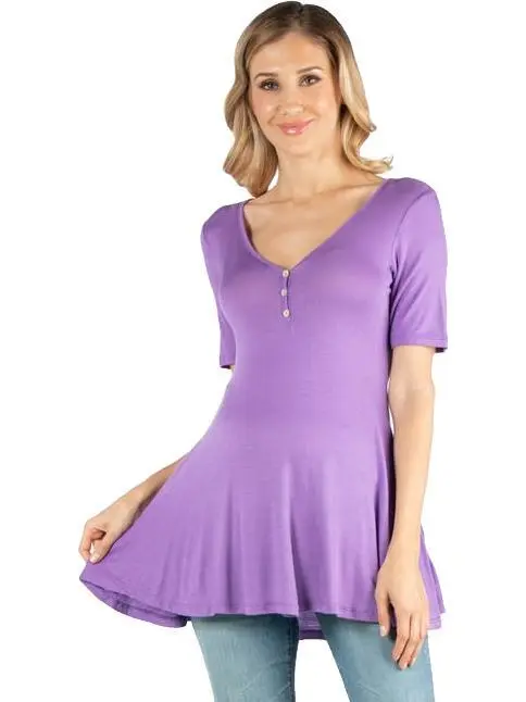24SEVEN COMFORT APPAREL Maternity Elbow Sleeve Tunic Top With Button Detail - Lilac