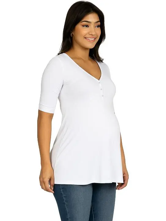 24SEVEN COMFORT APPAREL Maternity Elbow Sleeve Tunic Top With Button Detail - White