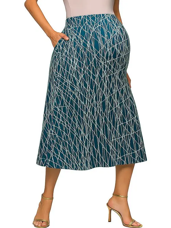 24SEVEN COMFORT APPAREL Maternity Printed Midi Skirt - Blue Multi
