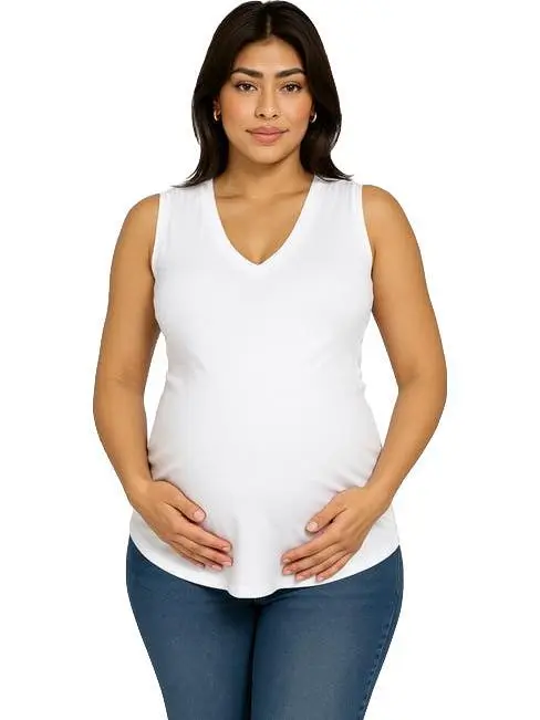 24SEVEN COMFORT APPAREL Maternity V-neck Tunic Tank Top - White