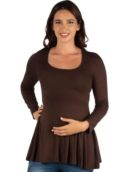 24SEVEN COMFORT APPAREL Maternity Long Sleeve Swing Tunic Top - Brown
