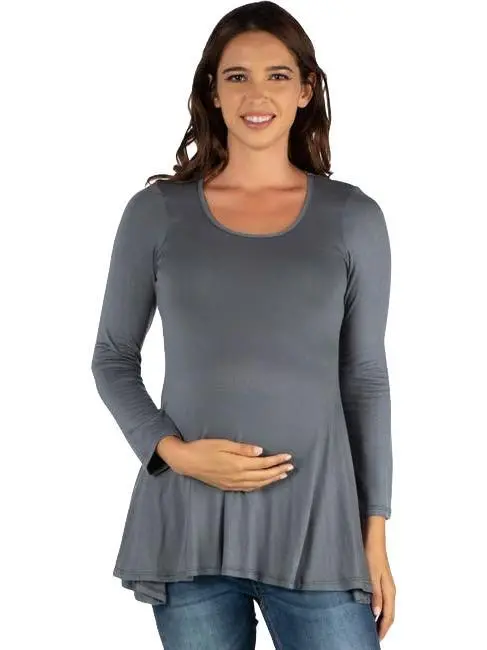 24SEVEN COMFORT APPAREL Maternity Long Sleeve Swing Tunic Top - Charcoal