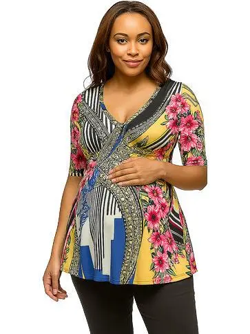24SEVEN COMFORT APPAREL Maternity Floral Print Elbow Sleeve Henley Tunic Top - Blue Multi