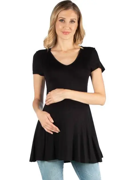 24SEVEN COMFORT APPAREL Maternity Short Sleeve Flared Tunic Top - Black