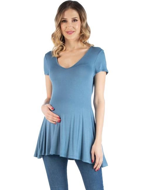 24SEVEN COMFORT APPAREL Maternity Short Sleeve Flared Tunic Top - Blue