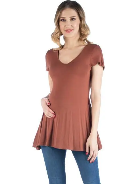 24SEVEN COMFORT APPAREL Maternity Short Sleeve Flared Tunic Top - Brown