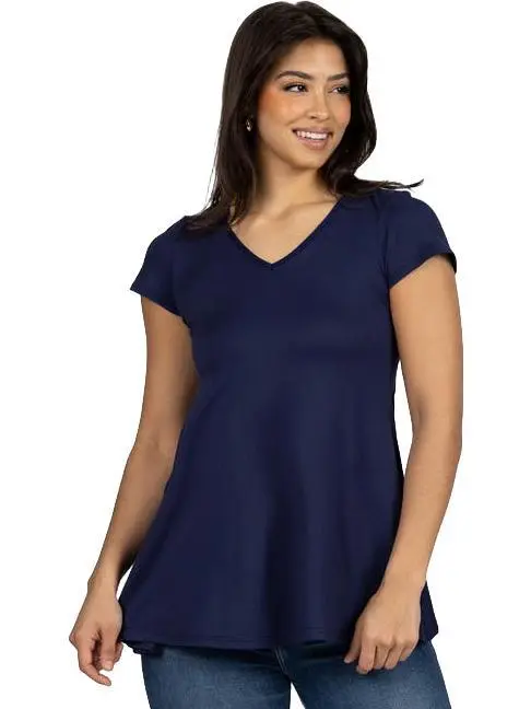 24SEVEN COMFORT APPAREL Maternity Short Sleeve Flared Tunic Top - Navy
