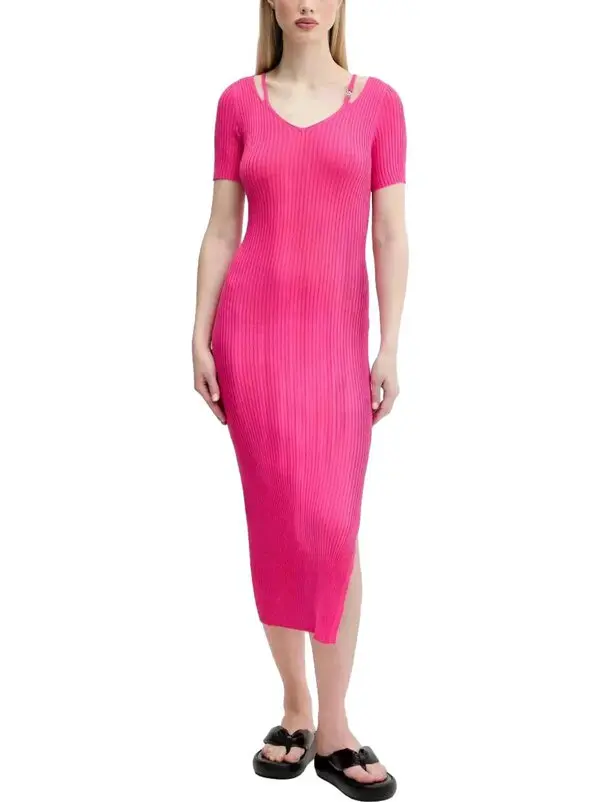 Hugo Boss Ribbed-knit V-neck Midi Dress - Pink