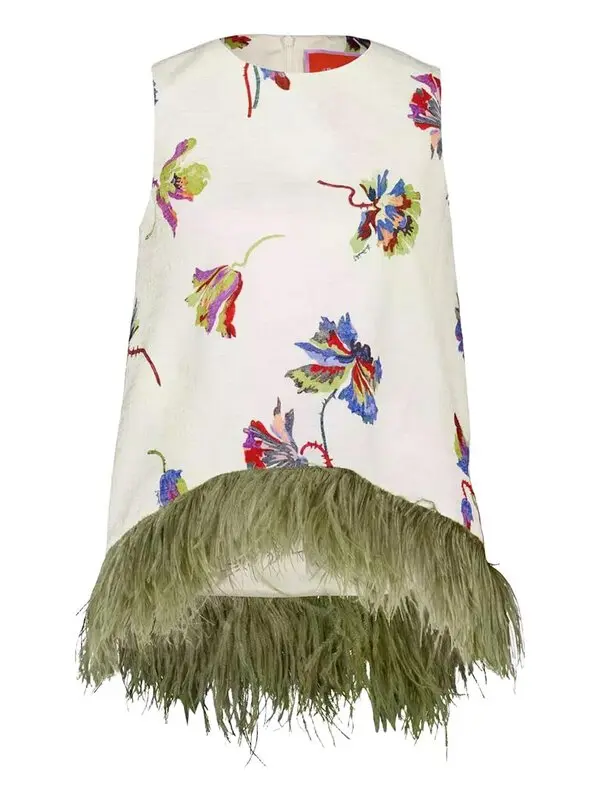 La DoubleJ Feather-trim Floral-print Top - White