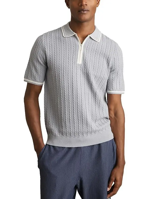 REISS Jarvis Cable Knit Polo Shirt - Soft Blue