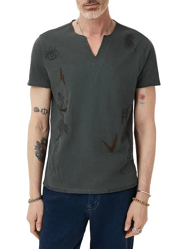 John Varvatos Regular Fit Embroidered Raw Edge V Neck Tee - Dried Sage