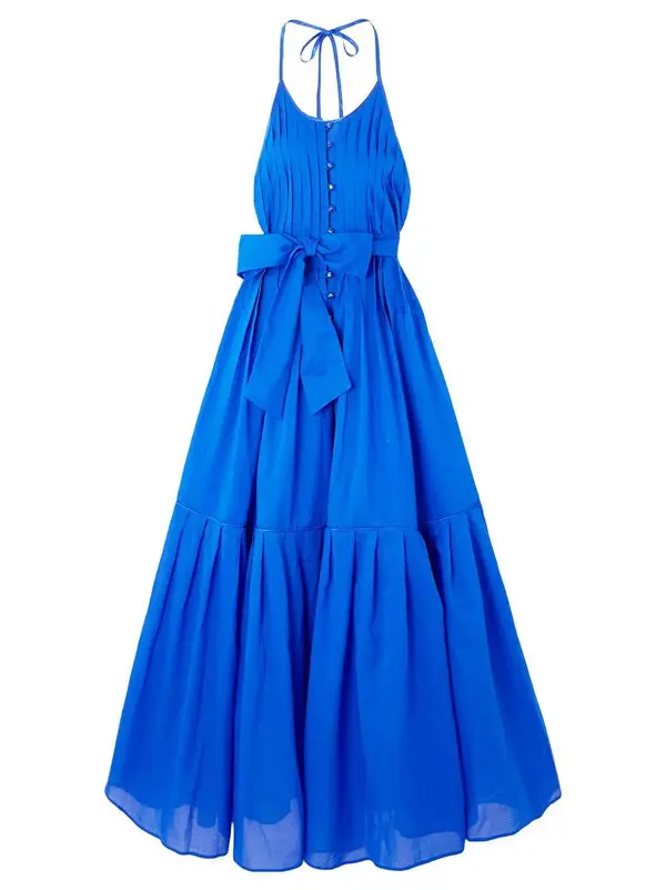 Loretta Caponi Patmos Belted Tiered Cotton-poplin Halterneck Maxi Dress - Blue