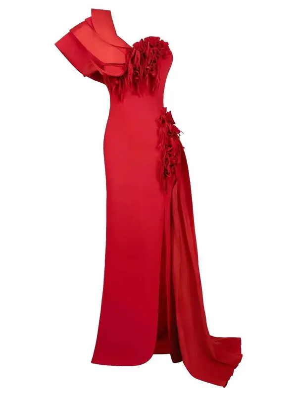 GABY CHARBACHY Ruffle-detail Side-split Evening Gown - Red