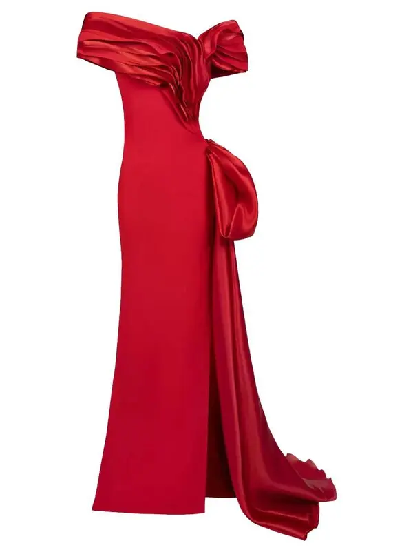 GABY CHARBACHY Ruffled Bow-embellished Evening Gown - Red