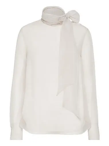 Brunello Cucinelli Pussybow Blouse With Monili - Beige Silk