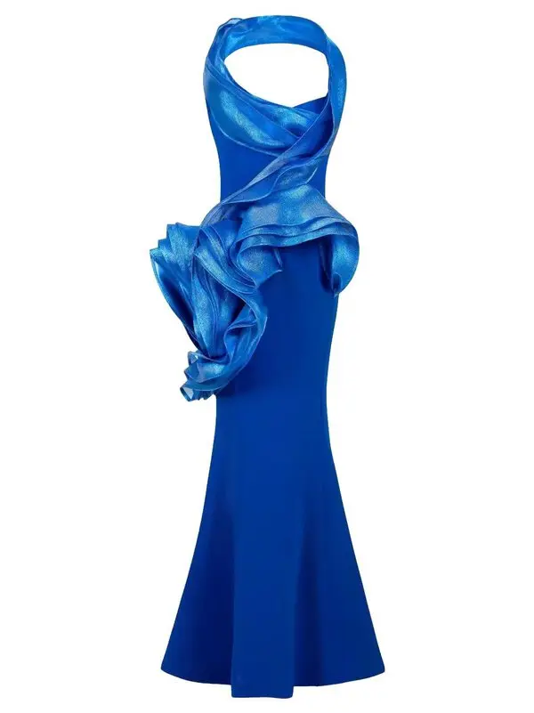 GABY CHARBACHY Draped Ruffle Evening Gown - Blue