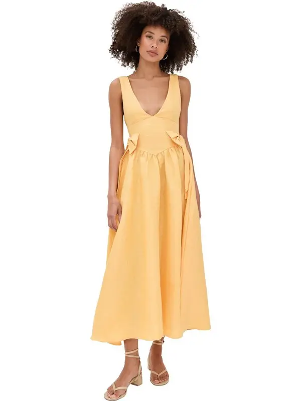 VRG GRL Linen Midi Dress With Bow Detail - Sun
