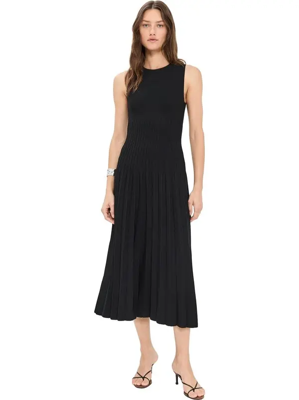 Staud Elyse Ribbed Waist Pleated Knit Dress - Black