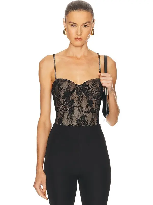 Norma Kamali Underwire Mio Bodysuit - Black Stretch Lace & Nude