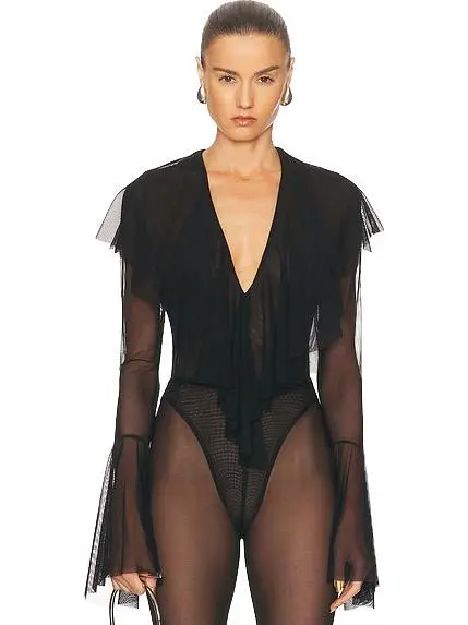 Norma Kamali Long Sleeve Deep V Ruffle Bodysuit - Black