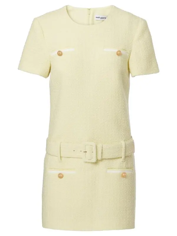 SELF-PORTRAIT Belted Bouclé Mini Dress - Yellow