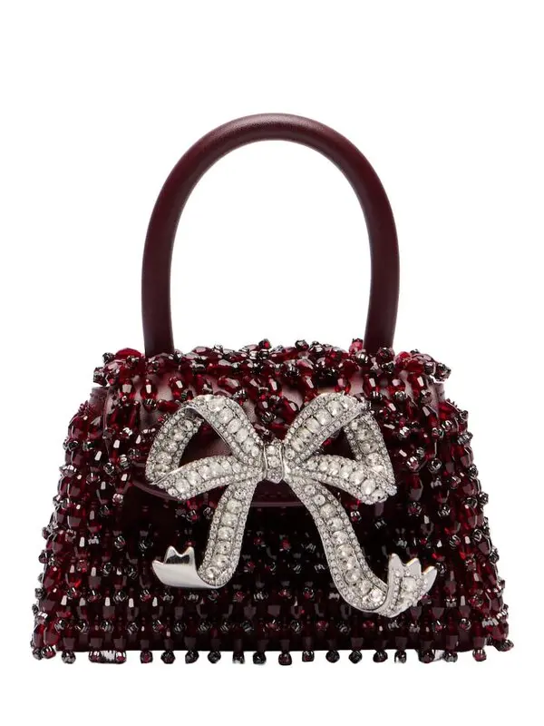 SELF-PORTRAIT Bow Micro Beaded Leather Tote - Burgundy