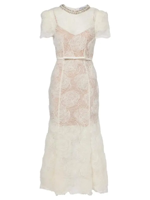 SELF-PORTRAIT Semi-sheer Lace Midi Dress - White