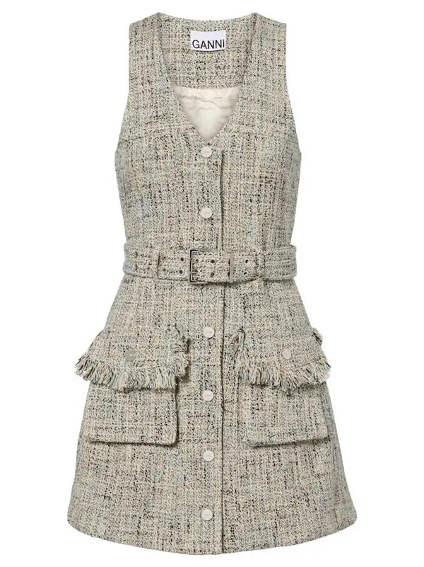 GANNI Belted Tweed Mini Dress - Grey