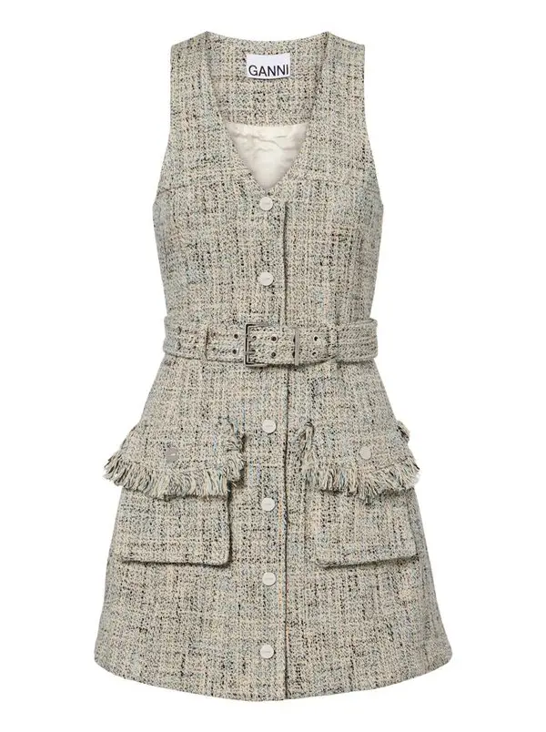 GANNI Belted Tweed Mini Dress - Grey