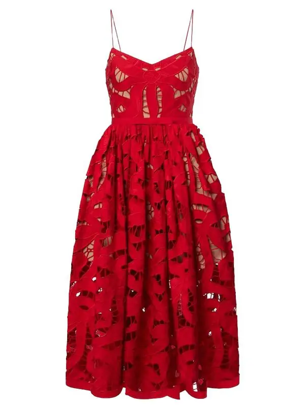 SELF-PORTRAIT Bow Lace Linen And Cotton Midi Dress - Red