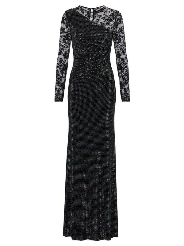 SELF-PORTRAIT Rhinestone Lace-trimmed Gown - Black