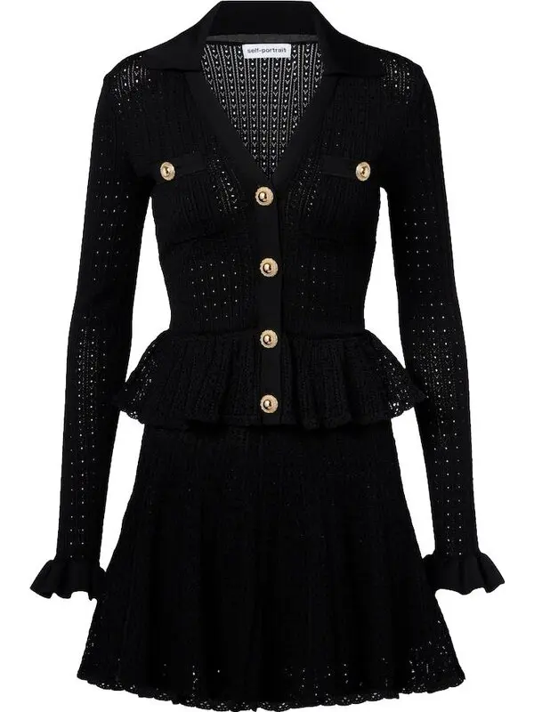 SELF-PORTRAIT Pointelle Peplum Mini Dress - Black