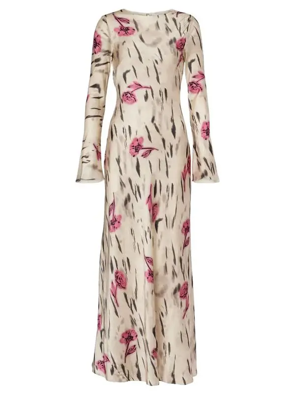 GANNI Floral Open-back Satin Maxi Dress - Beige