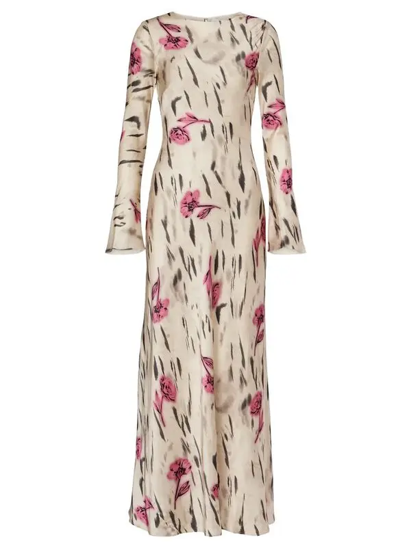 GANNI Floral Open-back Satin Maxi Dress - Beige