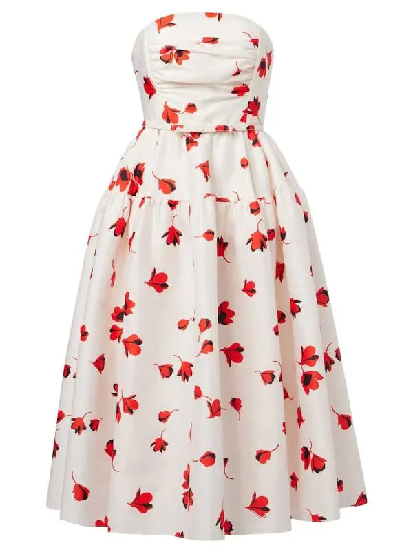 SELF-PORTRAIT Floral Ruched Taffeta Midi Dress - White