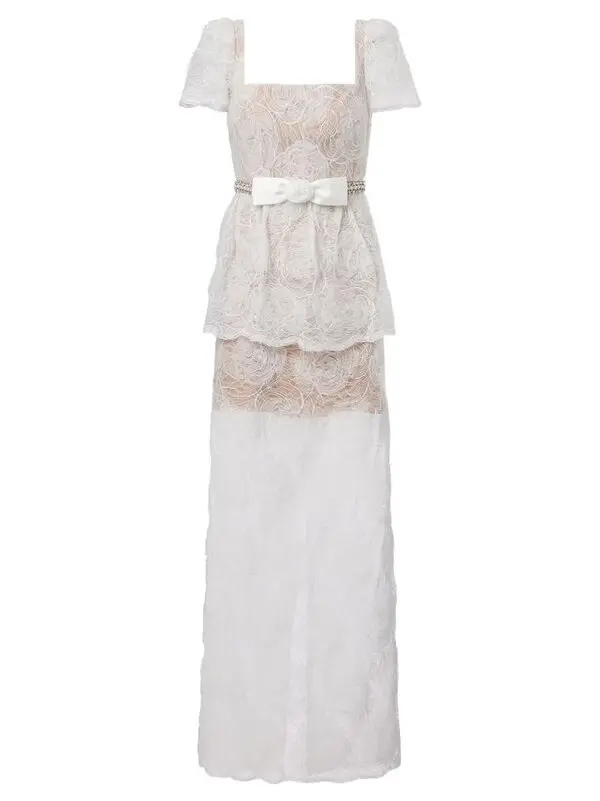 SELF-PORTRAIT Bow-detail Tulle Lace Maxi Dress - White