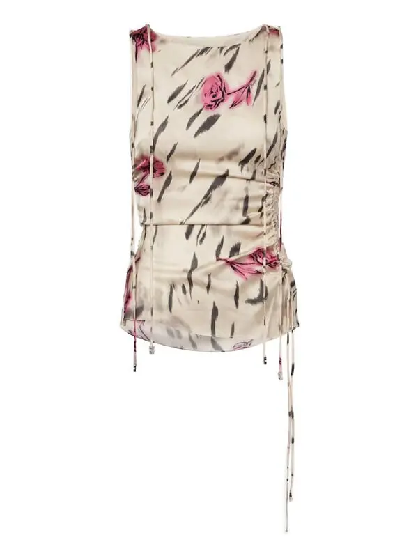 GANNI Floral Ruched Satin Top - Beige